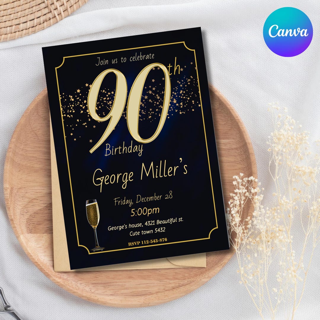 90th Birthday Invitation for Men, Male 90th Invites, 90th Birthday ...