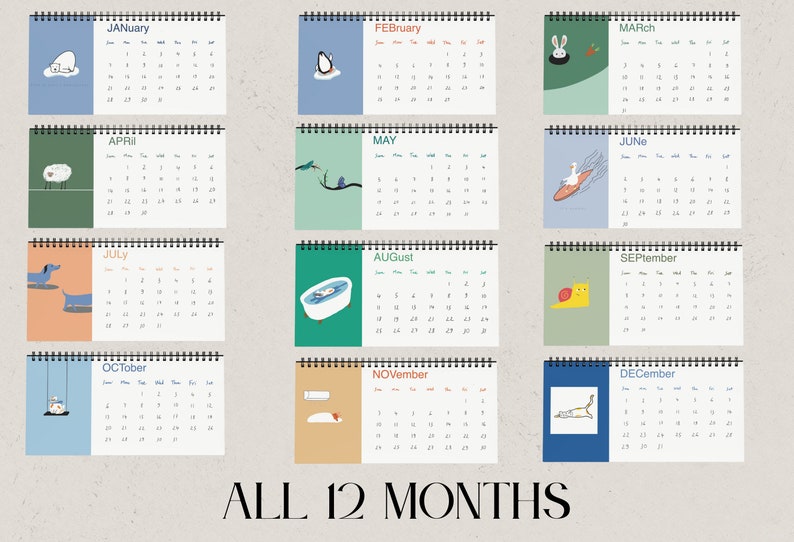 Calendar, 2024 Cute Animal Calendar, 2024 Desk Calendar, Monthly ...
