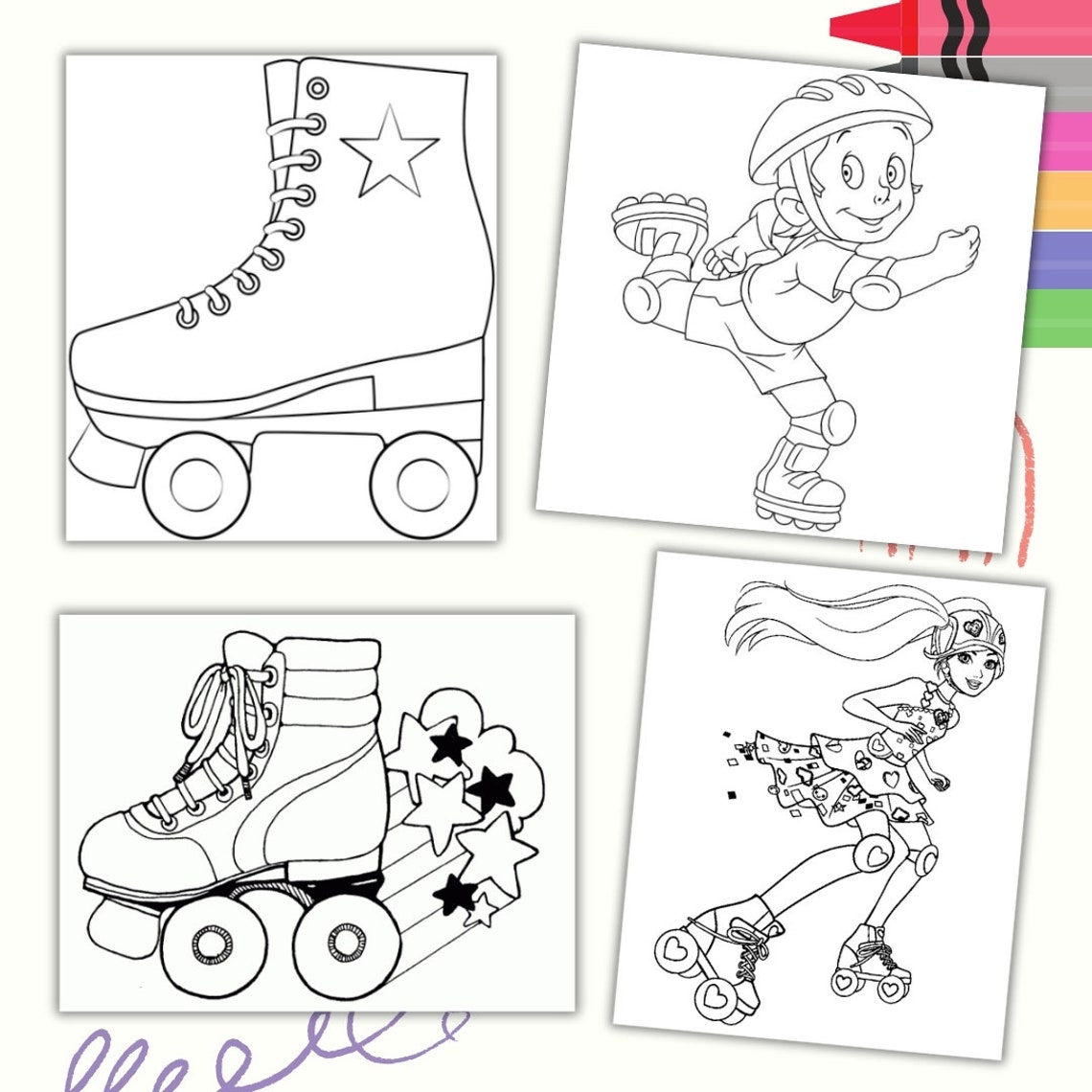 Roller Skates Mini Coloring Pages & Crayons: Birthday Party Favors - Etsy
