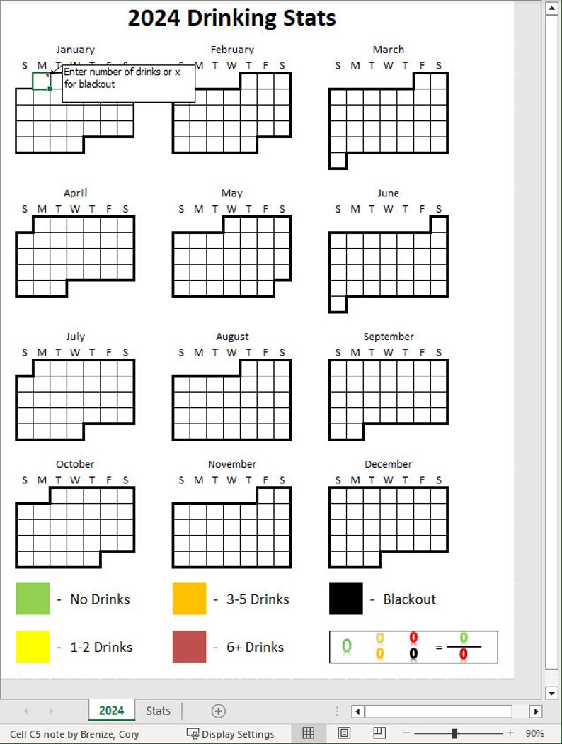 2024 Drink Calendar Excel Spreadsheet Simple Alcohol Tracker - Etsy