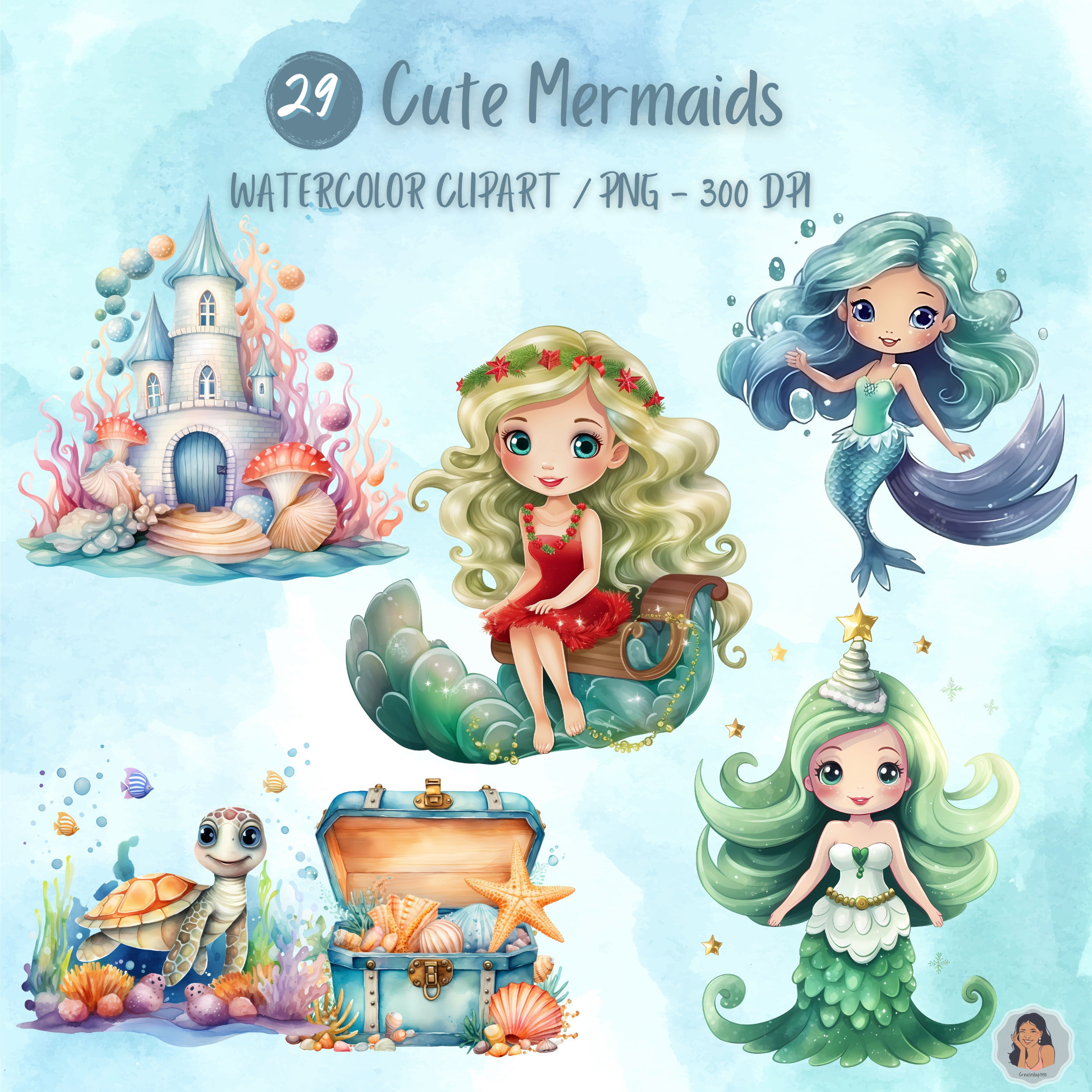 Mermaid Clipart Bundle Watercolor Cute Mermaid Clipart Png Sea Life ...