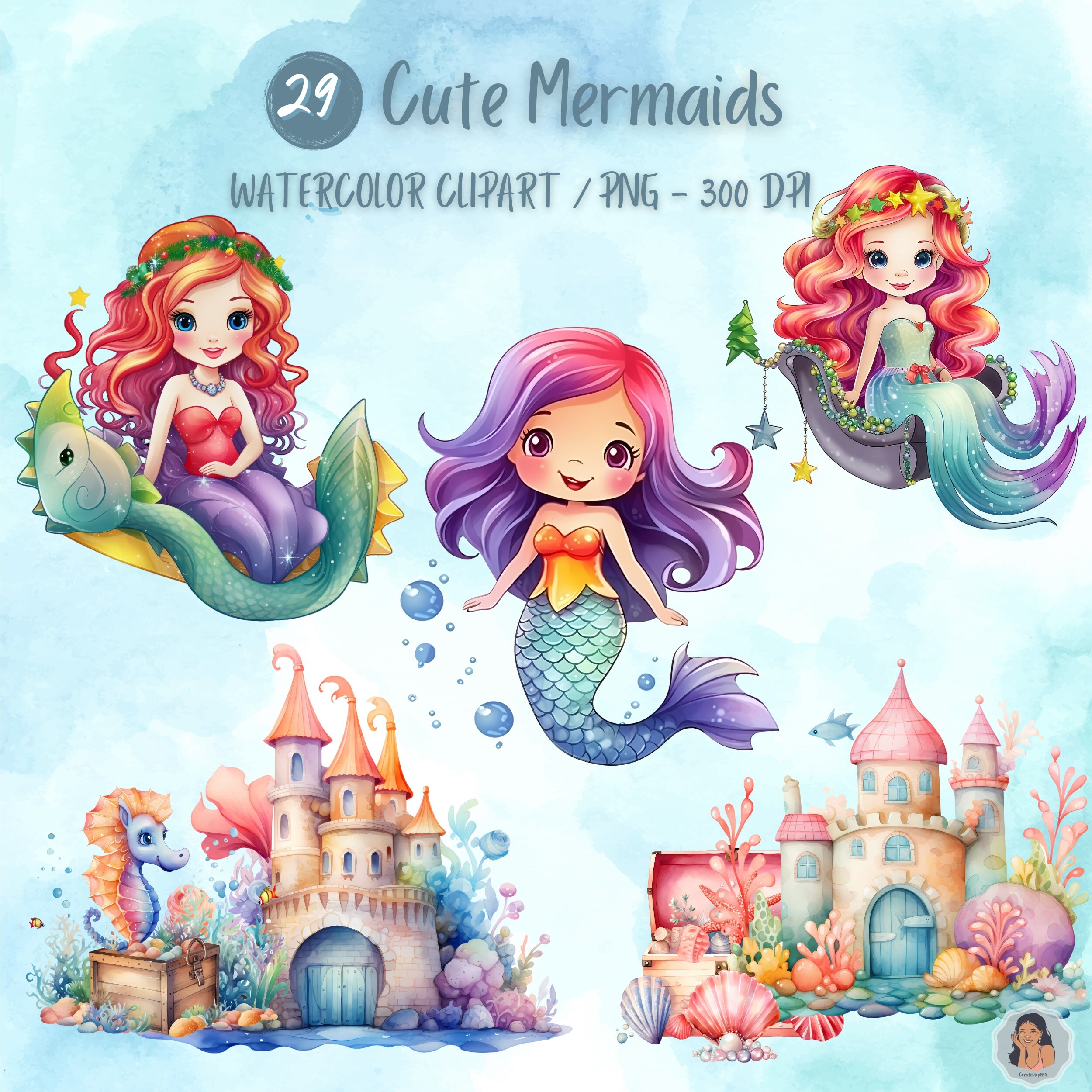 Mermaid Clipart Bundle Watercolor Cute Mermaid Clipart Png Sea Life ...