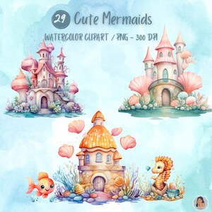 Mermaid Clipart Bundle Watercolor Cute Mermaid Clipart Png Sea Life ...
