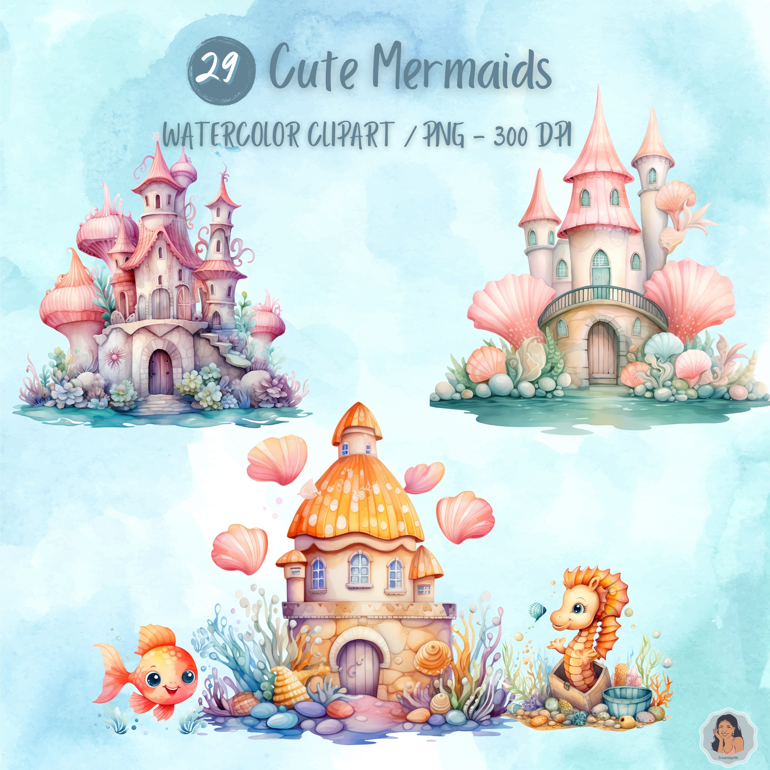 Mermaid Clipart Bundle Watercolor Cute Mermaid Clipart Png Sea Life ...