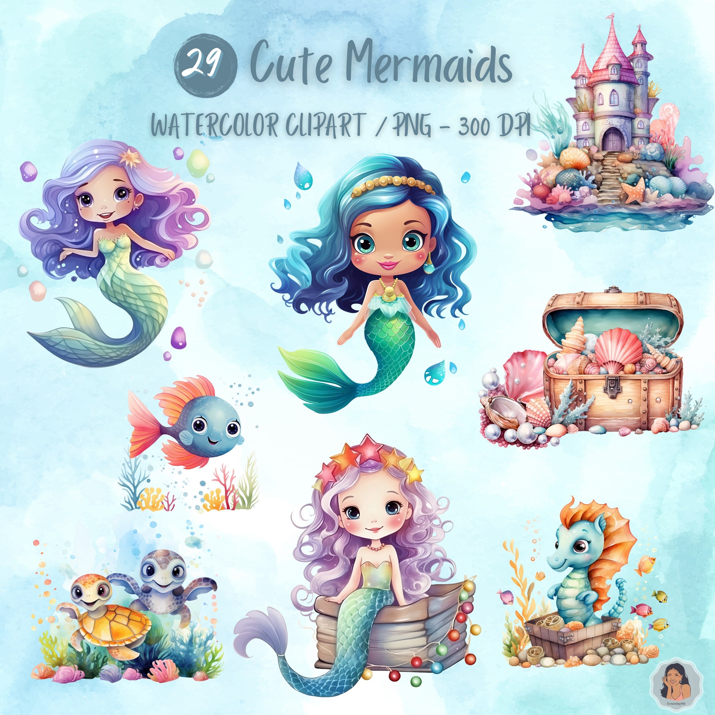 Mermaid Clipart Bundle Watercolor Cute Mermaid Clipart Png Sea Life ...