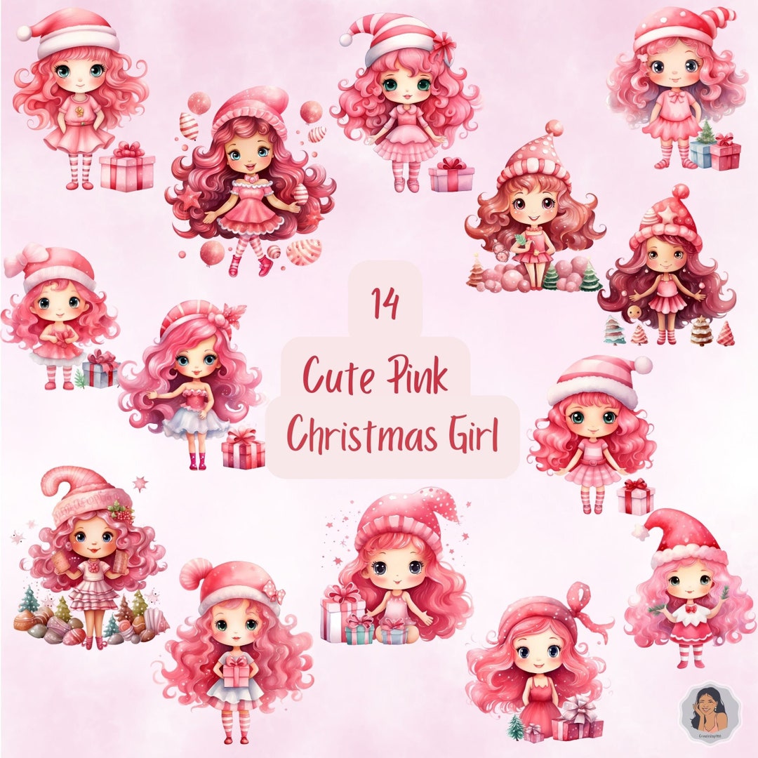 Watercolor Cute Pink Christmas Girl Clipart Bundle PNG XMAS - Etsy