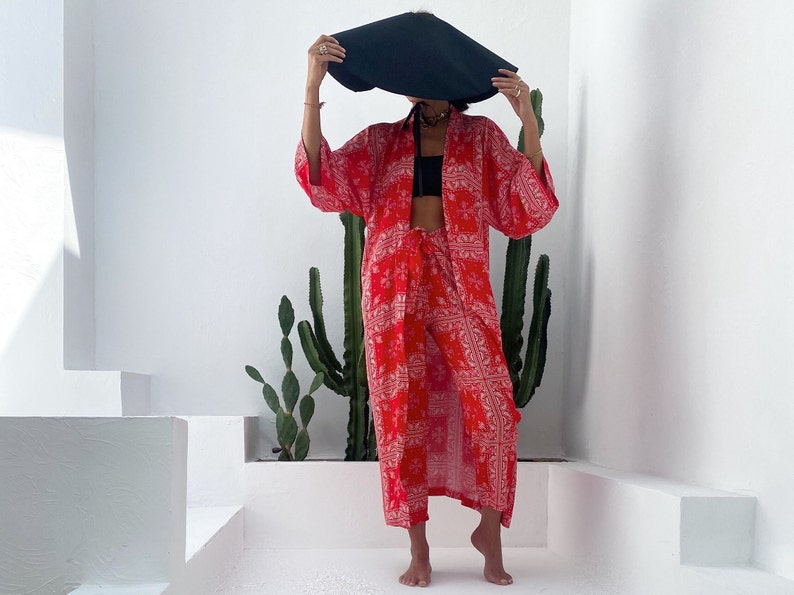 Red Cotton Kimono Handmade Boho Festival Beachwear, Morning Robe ...