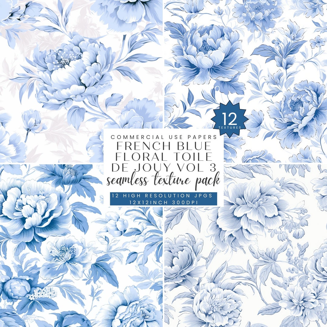 French Blue Floral Toile De Jouy Digital Paper, Vintage Floral Patterns ...