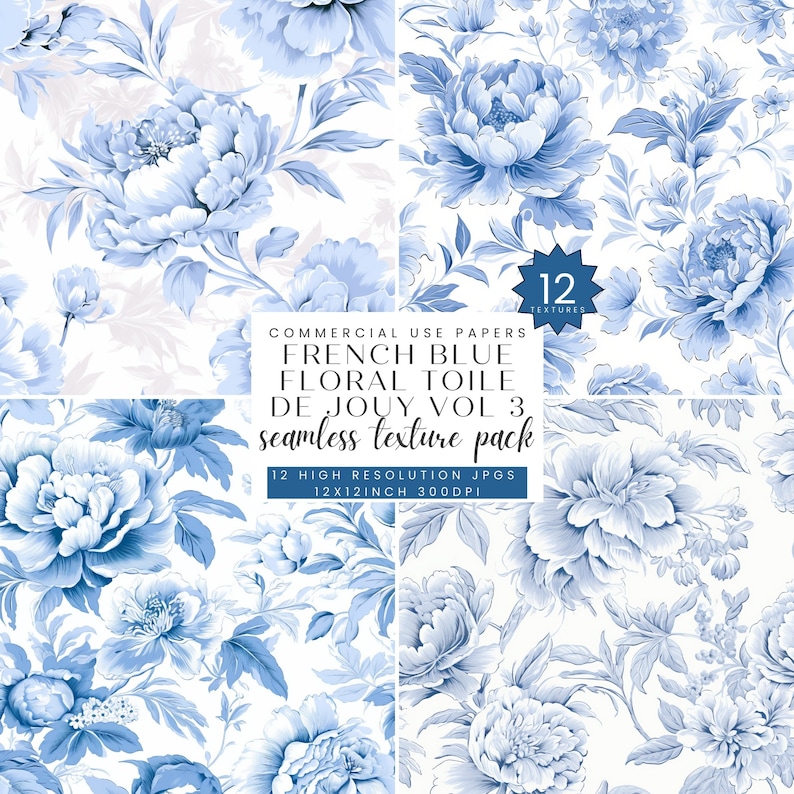 French Blue Floral Toile De Jouy Digital Paper, Vintage Floral Patterns ...