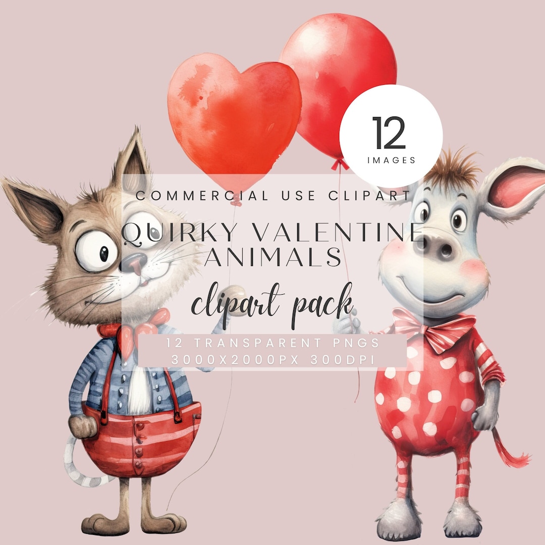 Quirky Whimsical Valentines Day Clipart, Fun Animals, Mouse, Cow, Cat ...