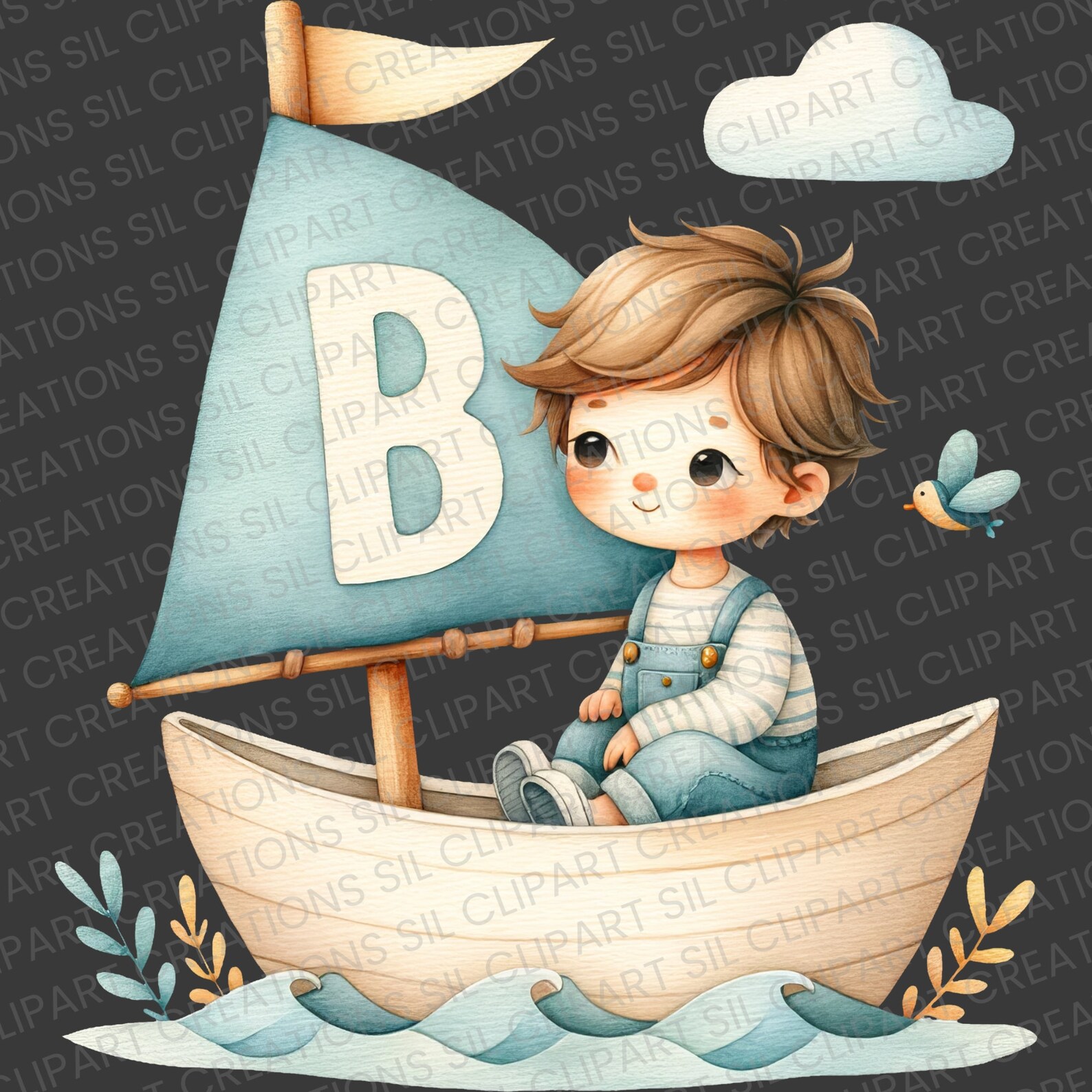 Alphabet Print Sail Boat Little Baby Boy Sailing on Water, Shower Gift ...