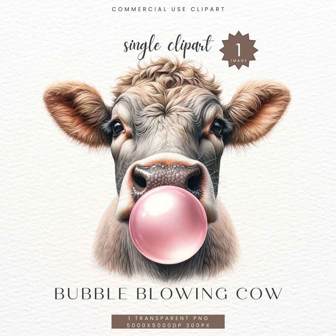 Bubble Blowing Cow PNG, Quirky Printable Art, Pink Bubble Gum Clipart ...