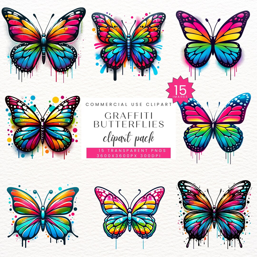 Graffiti Style Butterflies Clipart, Butterfly Clip Art PNG, Street Art ...