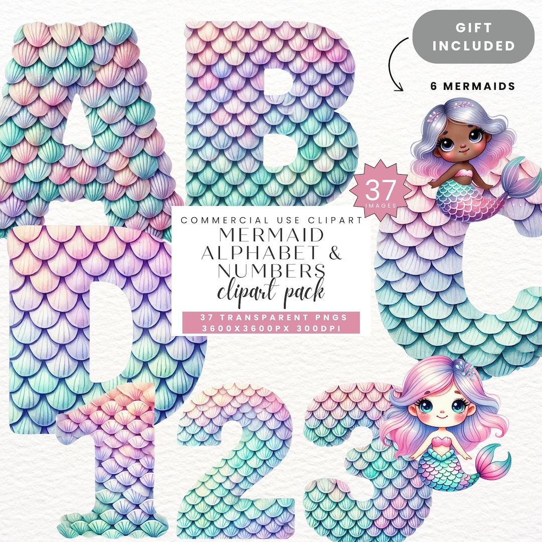 Mermaid Alphabet and Letters Clipart Bundle, Under the Sea, Baby Shower ...