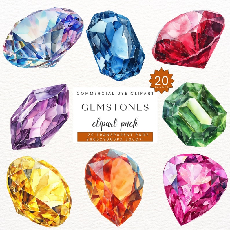 Gemstones Watercolor Clipart PNG, Diamond Clip Art, Crystal Sublimation ...