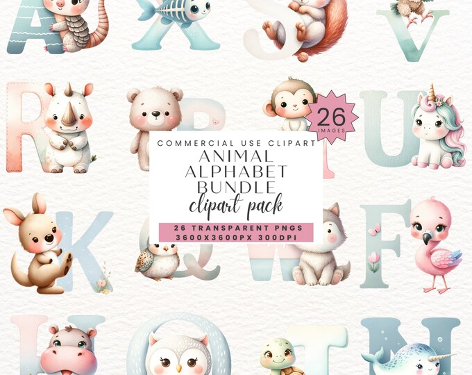 Animal Clipart Alphabet Clipart Watercolor Nursery Clipart Nursery Wall ...