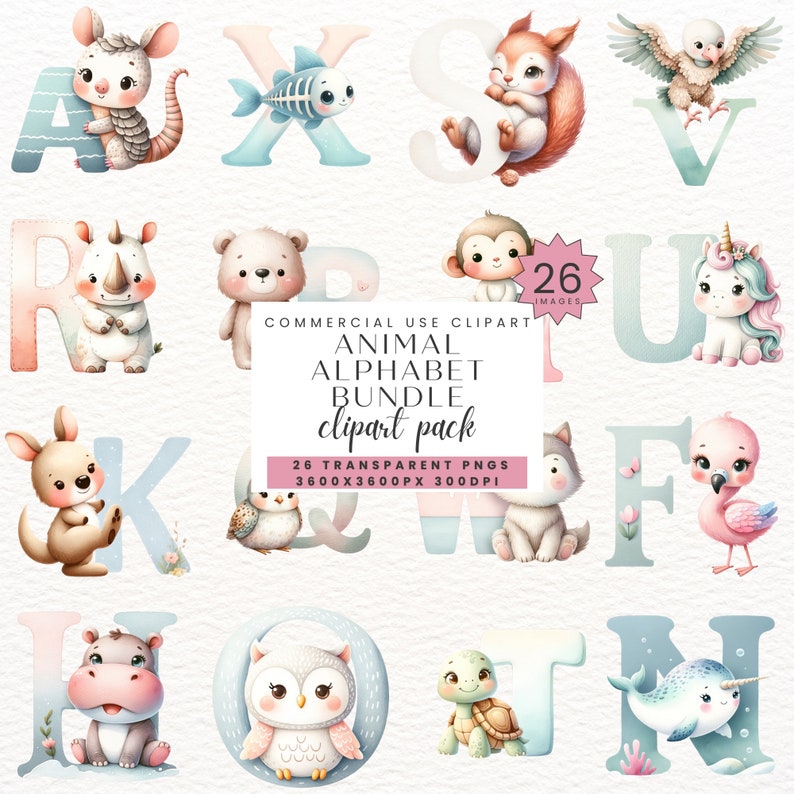 Cute Animal Alphabet Clipart, Watercolor Clip Art Collection, Nursery ...