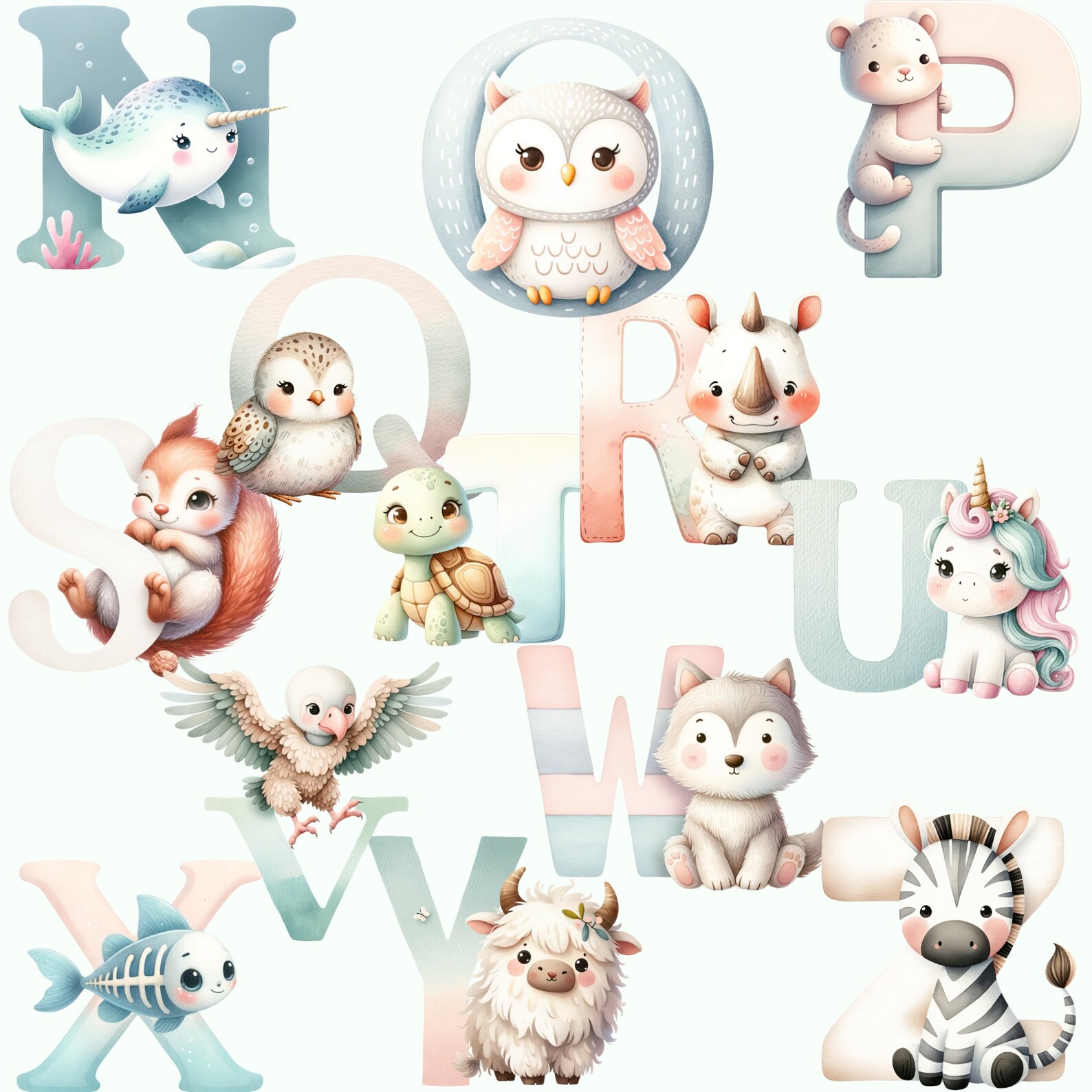 Cute Animal Alphabet Clipart, Watercolor Clip Art Collection, Nursery ...