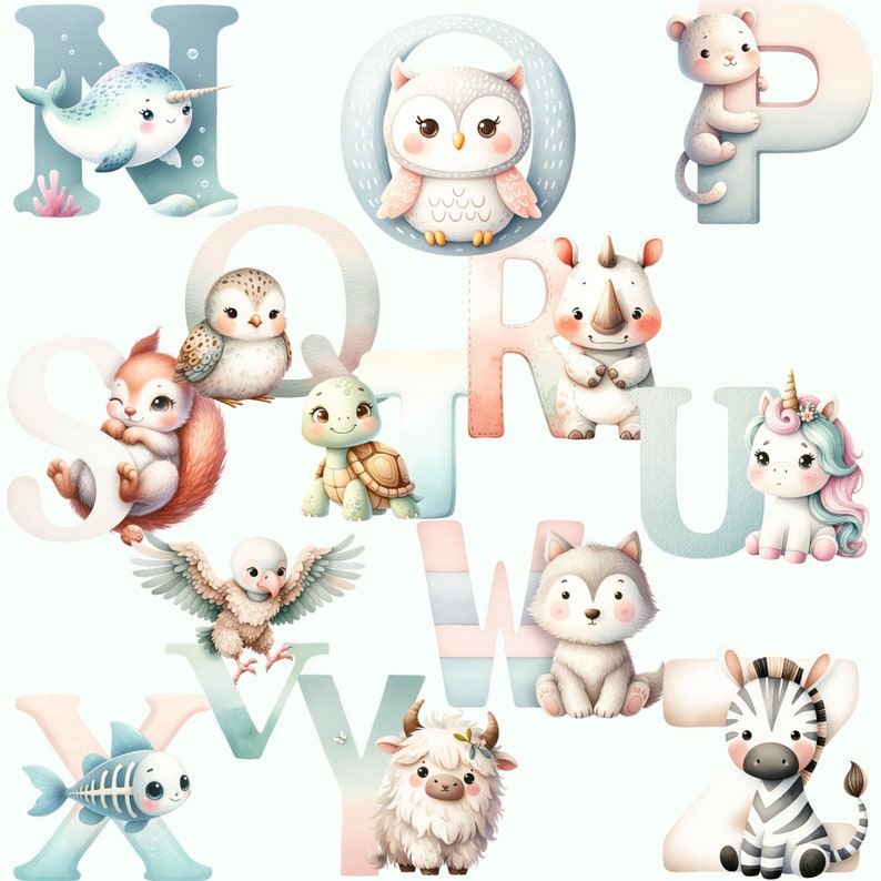 Cute Animal Alphabet Clipart, Watercolor Clip Art Collection, Nursery ...