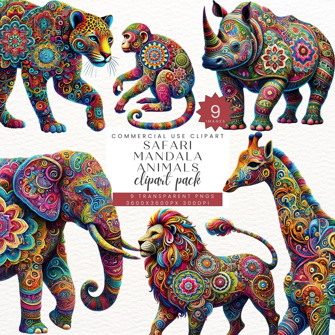 Safari Mandala Animals Clipart, Quirky Clip Art, Quirky Safari Animal ...