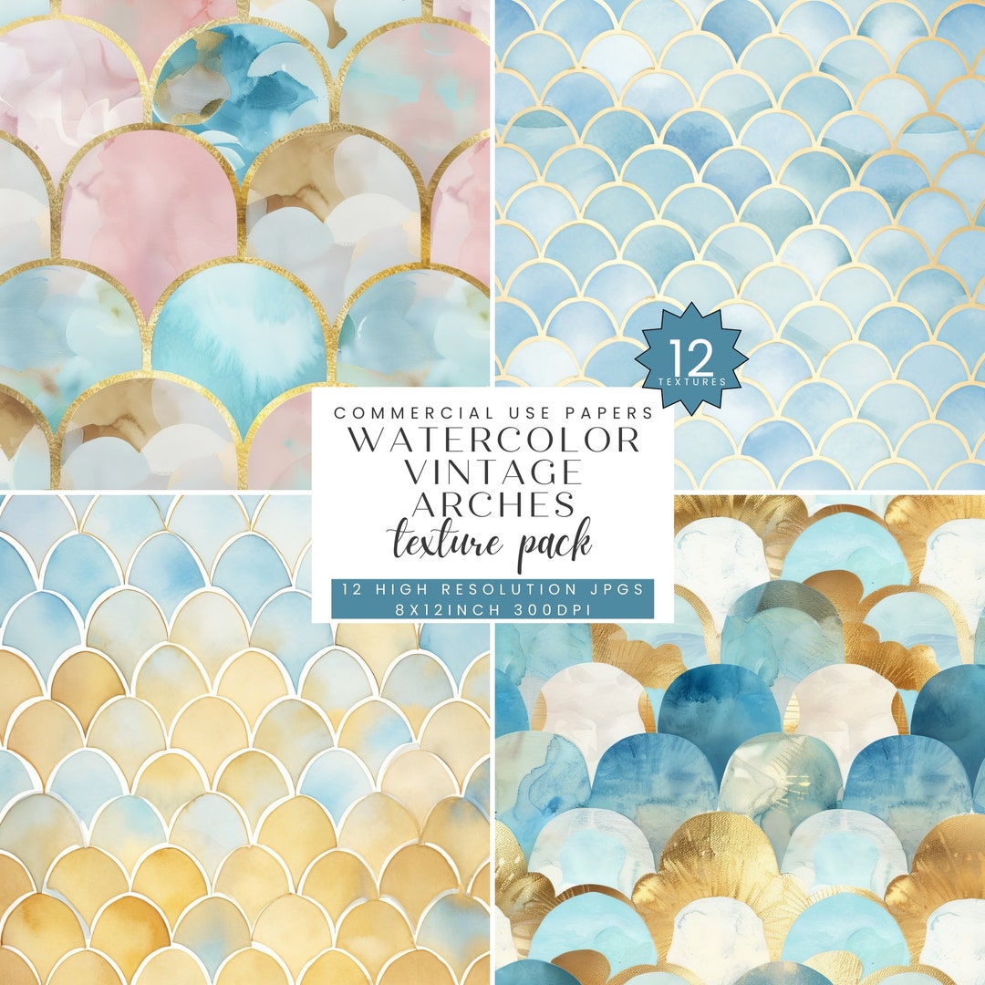 Watercolor Vintage Arches Digital Paper, Retro Clip Art, Gold, Blue ...