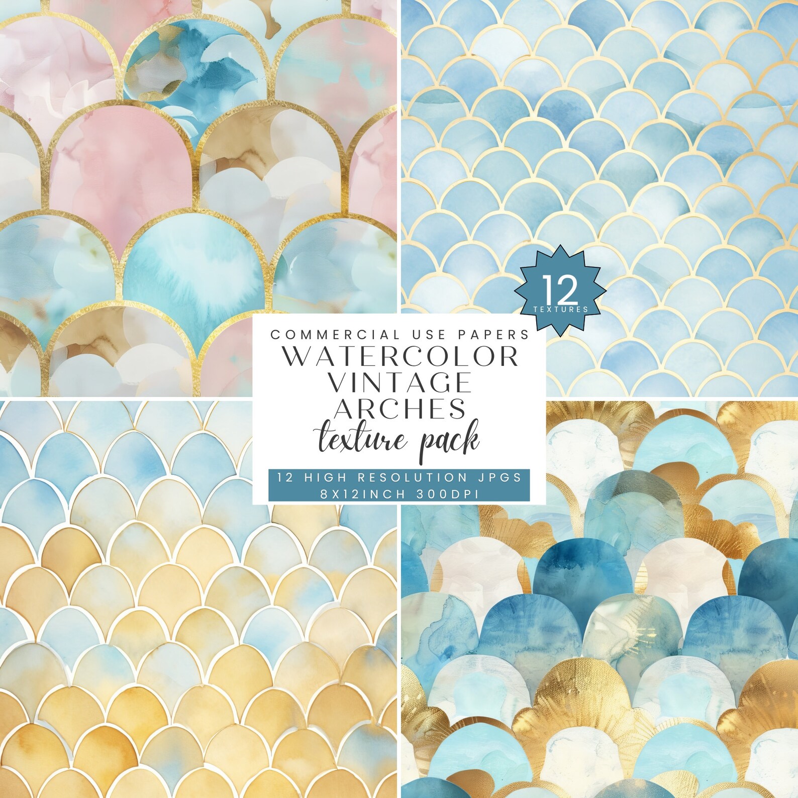 Watercolor Vintage Arches Digital Paper, Retro Clip Art, Gold, Blue ...