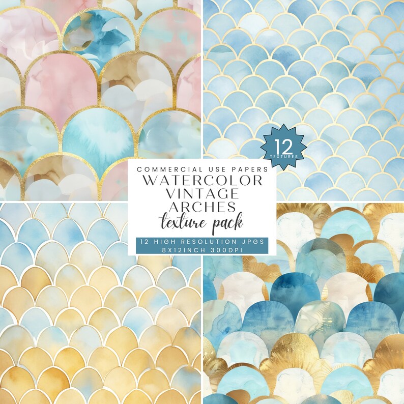 Watercolor Vintage Arches Digital Paper, Retro Clip Art, Gold, Blue ...