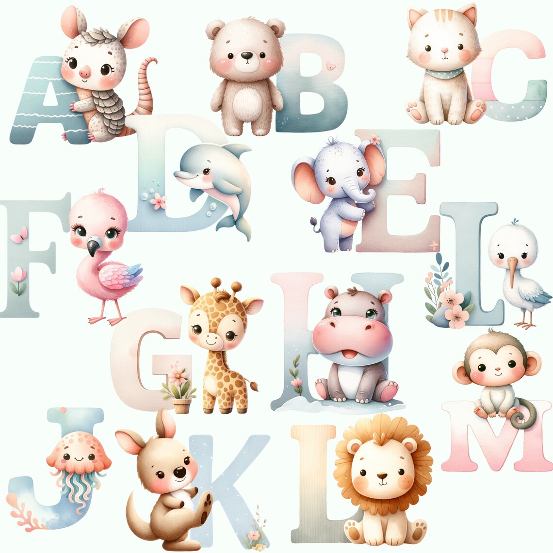 Cute Animal Alphabet Clipart, Watercolor Clip Art Collection, Nursery ...