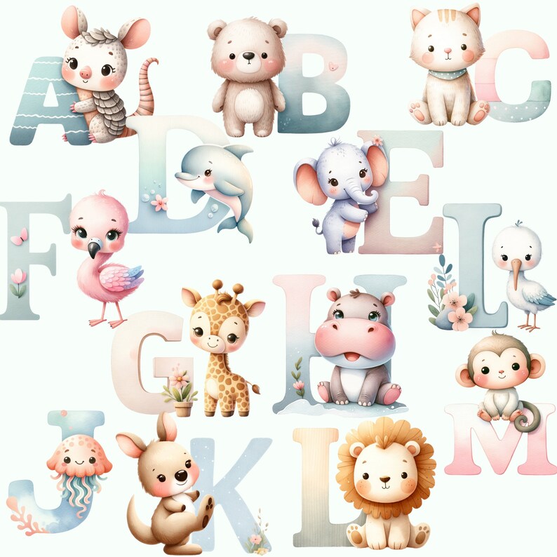 Cute Animal Alphabet Clipart, Watercolor Clip Art Collection, Nursery ...