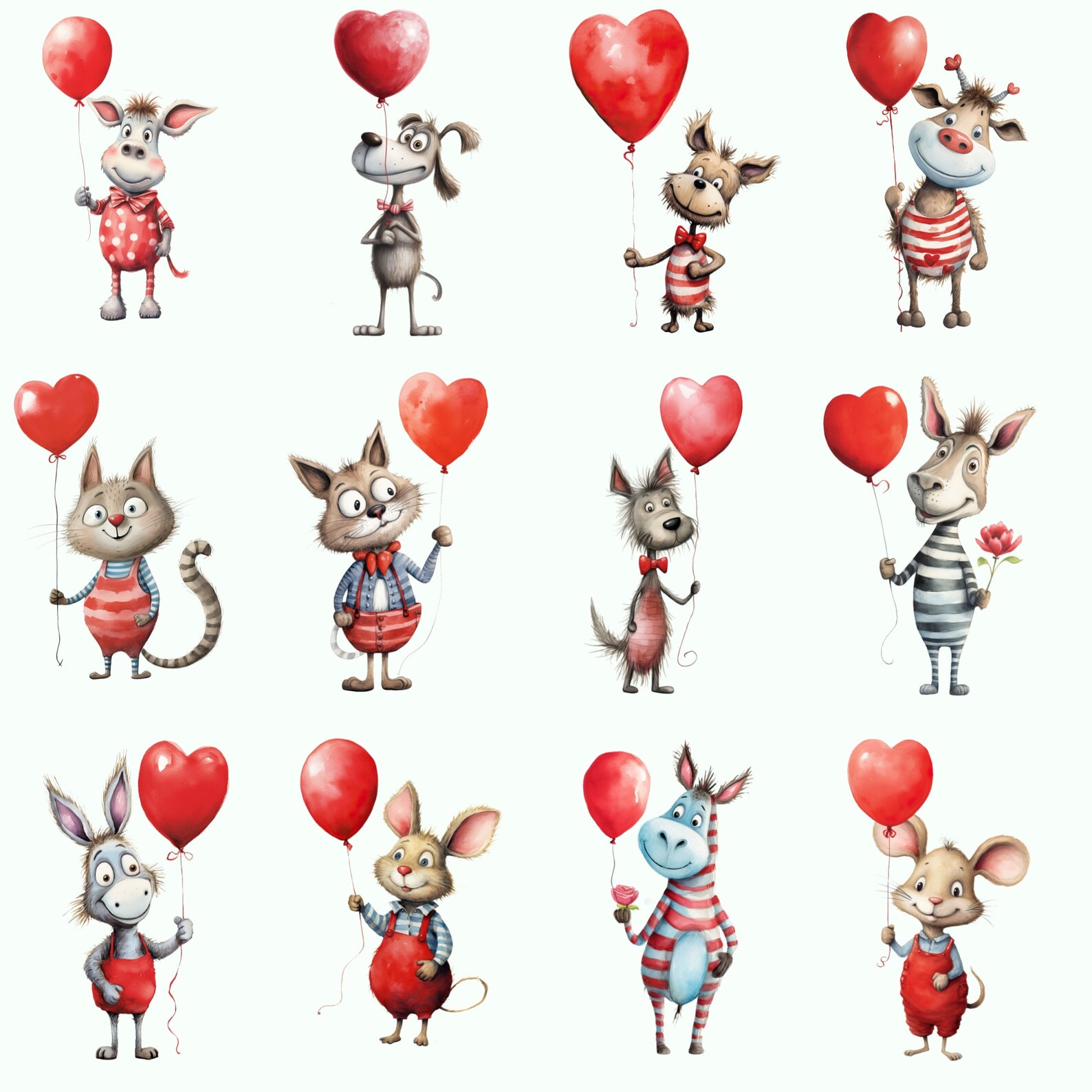 Quirky Whimsical Valentines Day Clipart, Fun Animals, Mouse, Cow, Cat ...