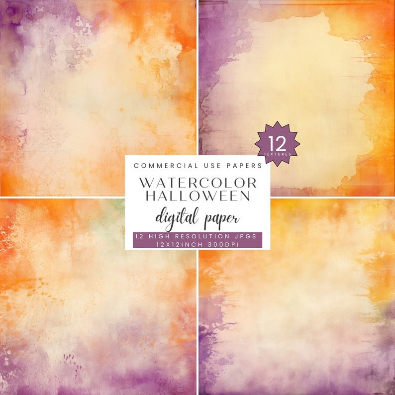 Watercolor Halloween, Purple Orange Digital Paper, Printable ...