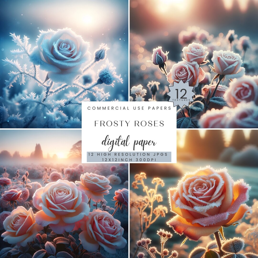 Frosty Roses Digital Paper, Frosted Field, Winter, Freezing, Snow ...