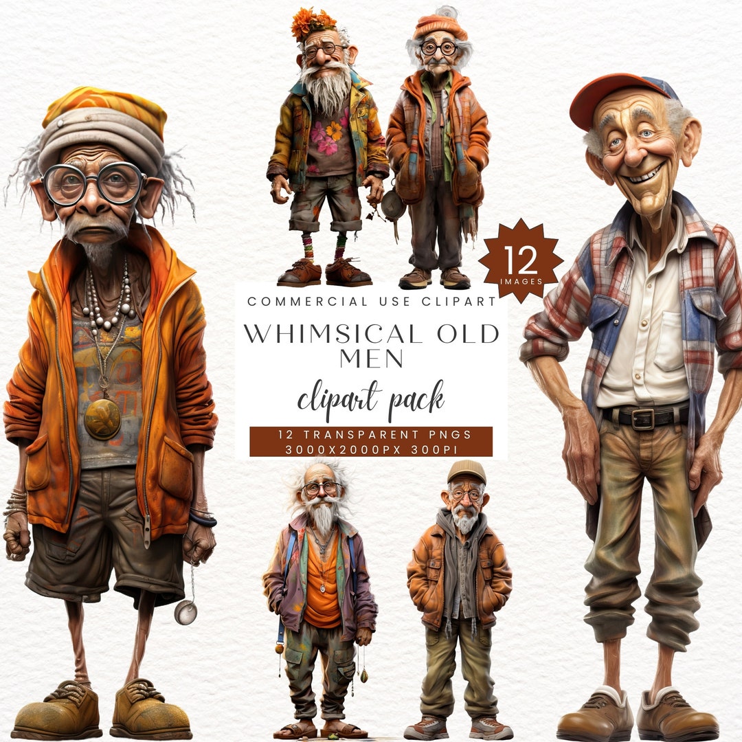 Funny Cartoon Whimsical Grandfather Older Men Clipart, Grandpas Clip Art, Mixed Media Quirky ...