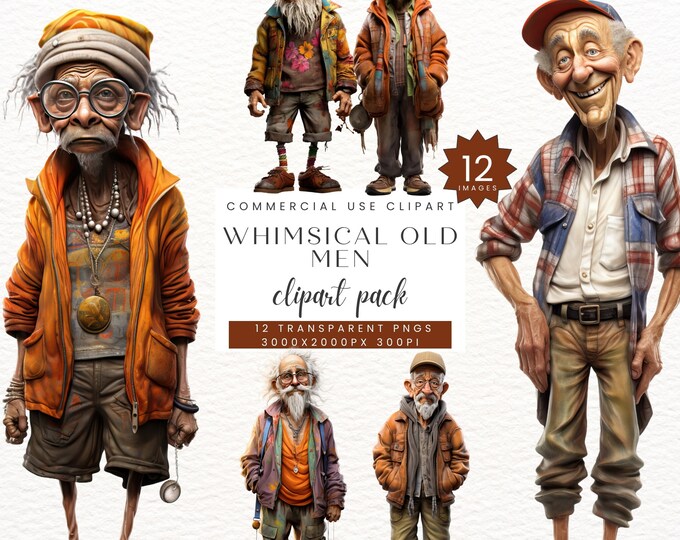 Whimsical Grumpy Men Clipart, Mixed Media Quirky Mad Man CU Clip Art ...