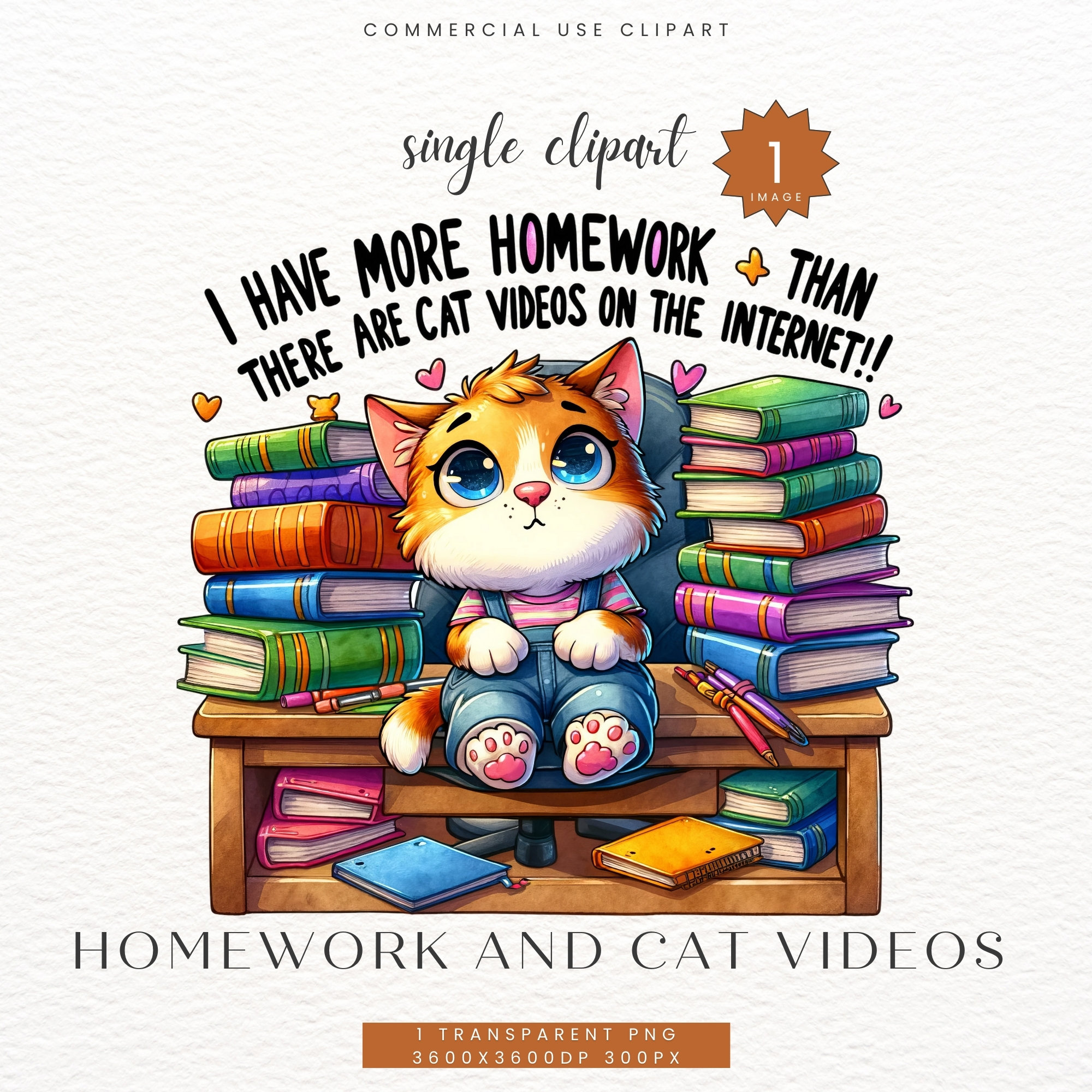 Back to School Watercolor Clipart, More Homework Then Cat Videos Clip ...