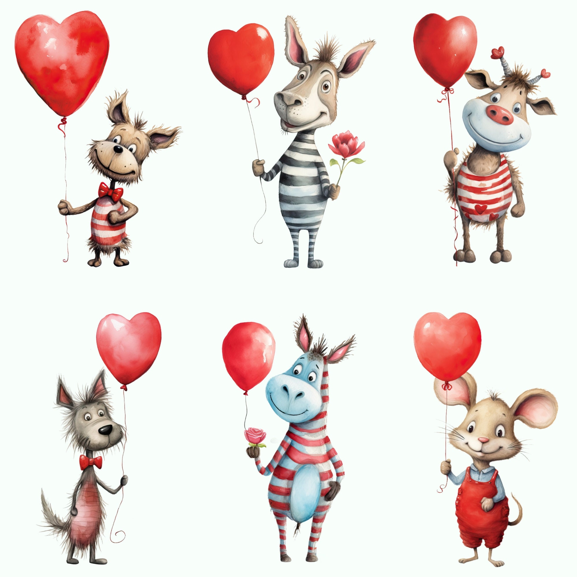 Quirky Whimsical Valentines Day Clipart, Fun Animals, Mouse, Cow, Cat ...