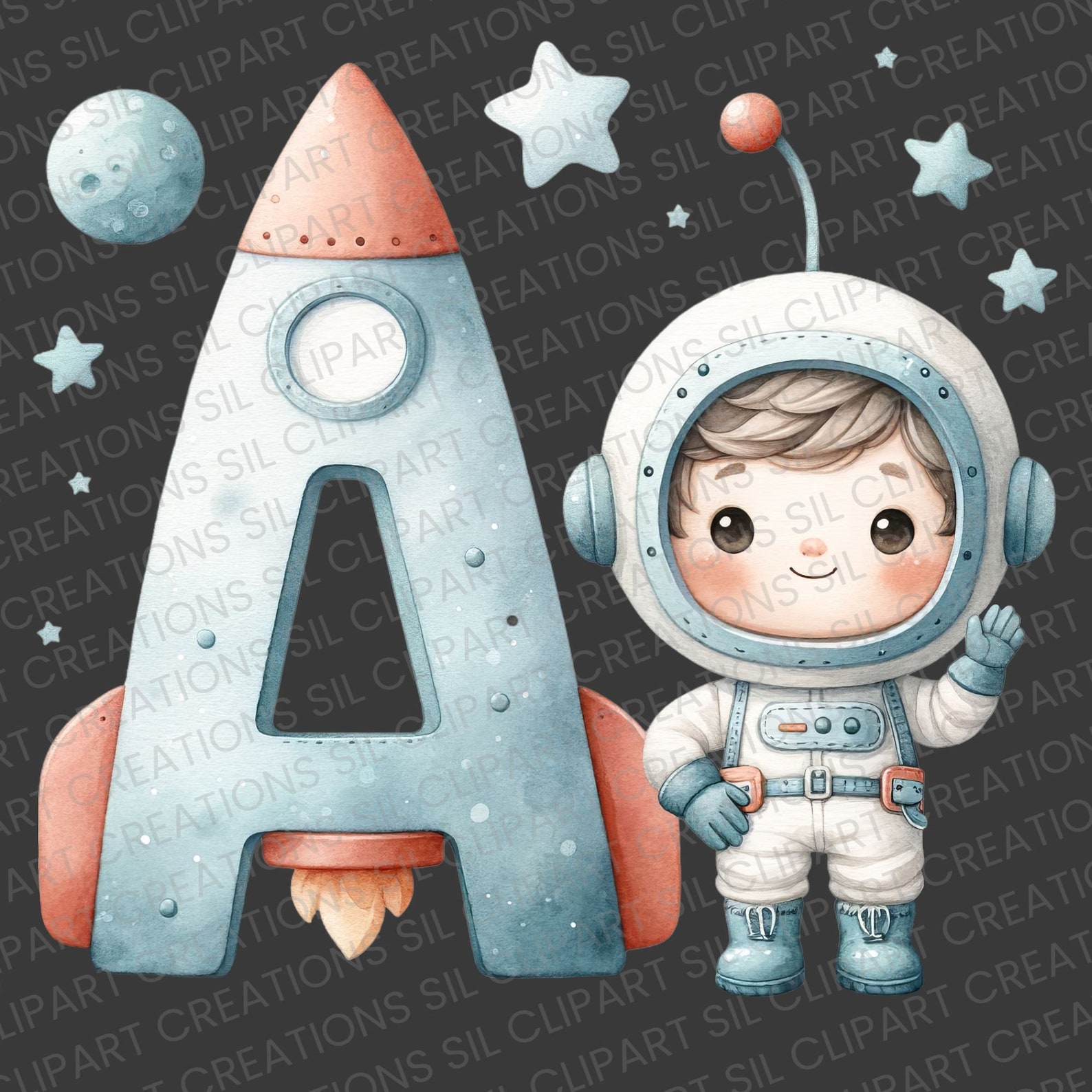 Alphabet Print Little Astronaut Space Ship Baby Shower Gift Nursery Art ...