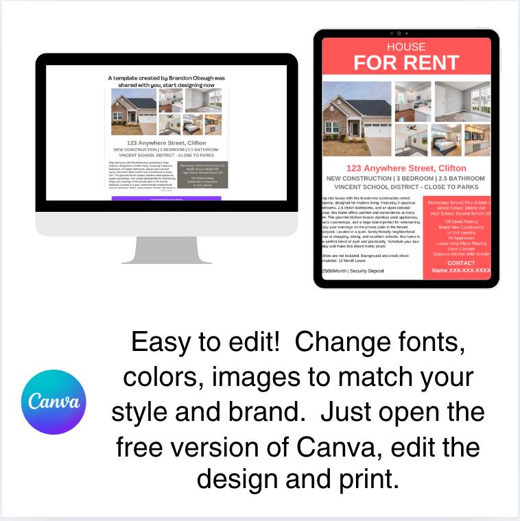 Editable for Rent Flyer Template: Canva Design (8.5x11 Inch), Instant ...