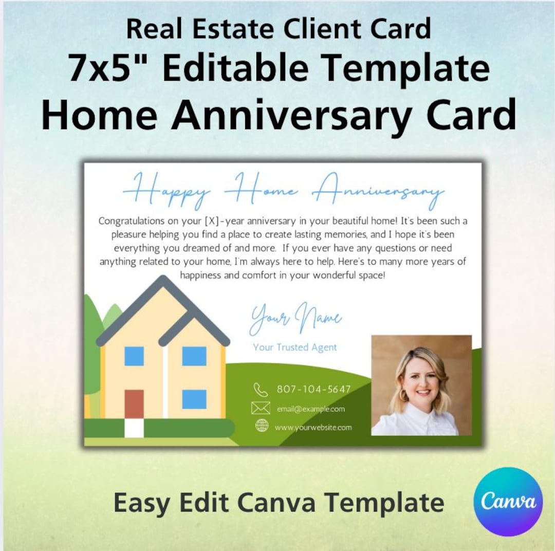 Home Anniversary Card Template for Real Estate Client, 7x5" Editable ...