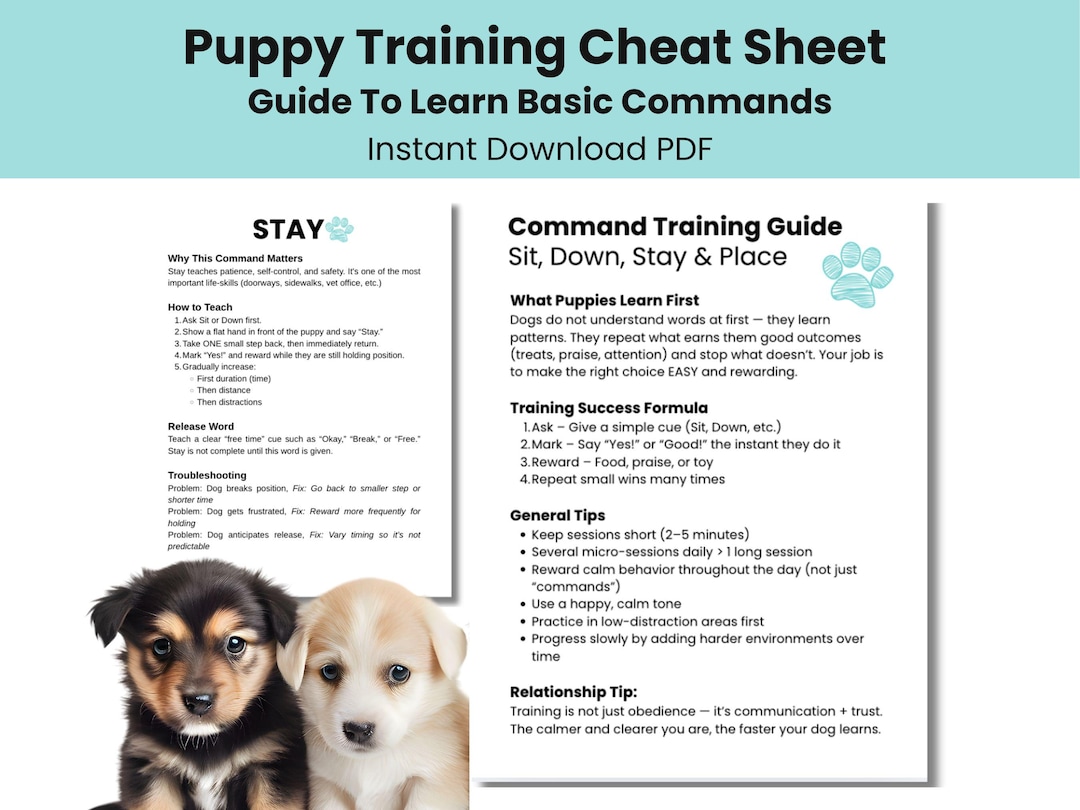 Puppy Training Cheat Sheet | Teach Dog Commands Printable | Sit, Down ...