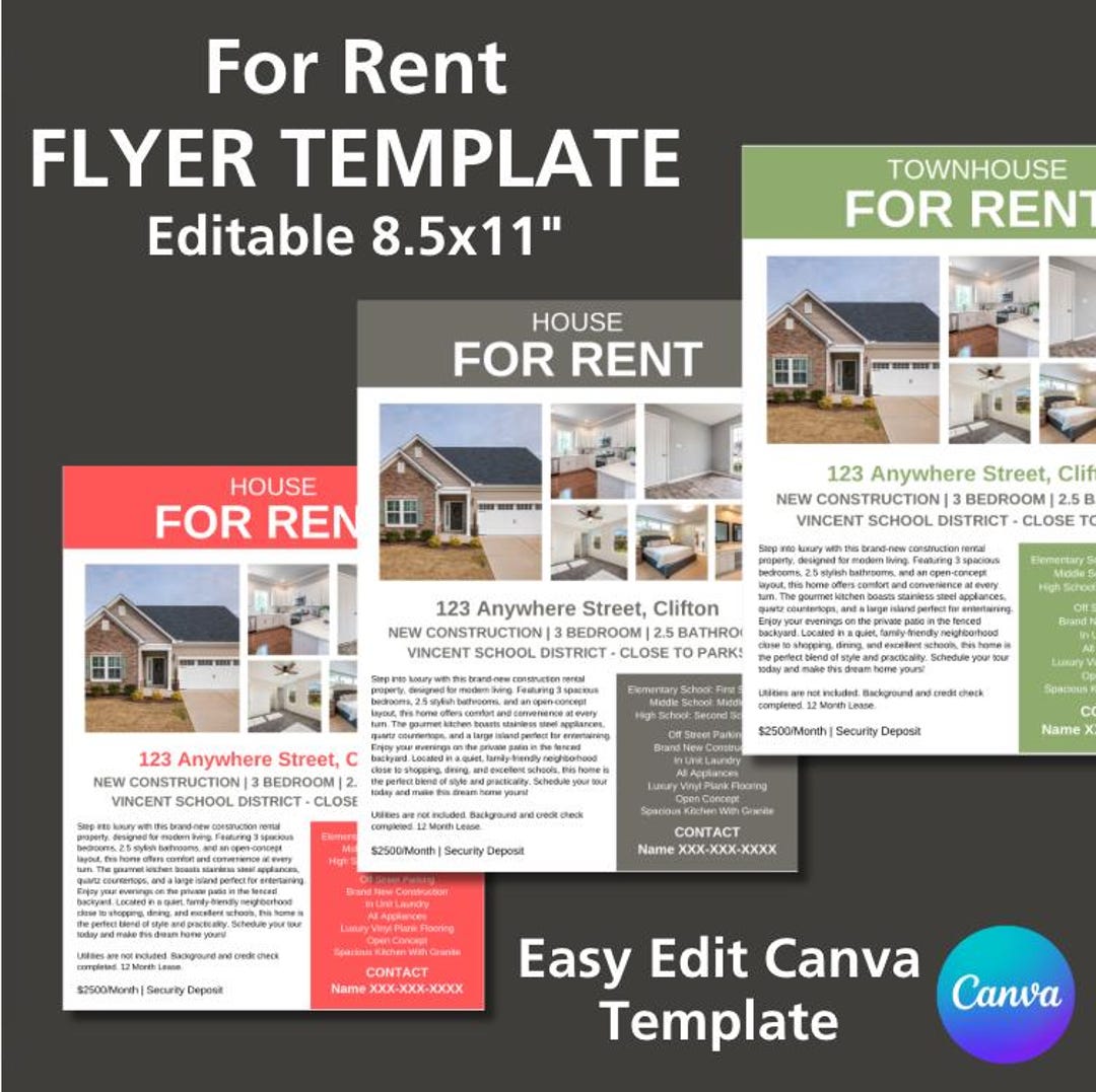 Editable FOR RENT Property Flyer Template for Advertising Home Townhome ...
