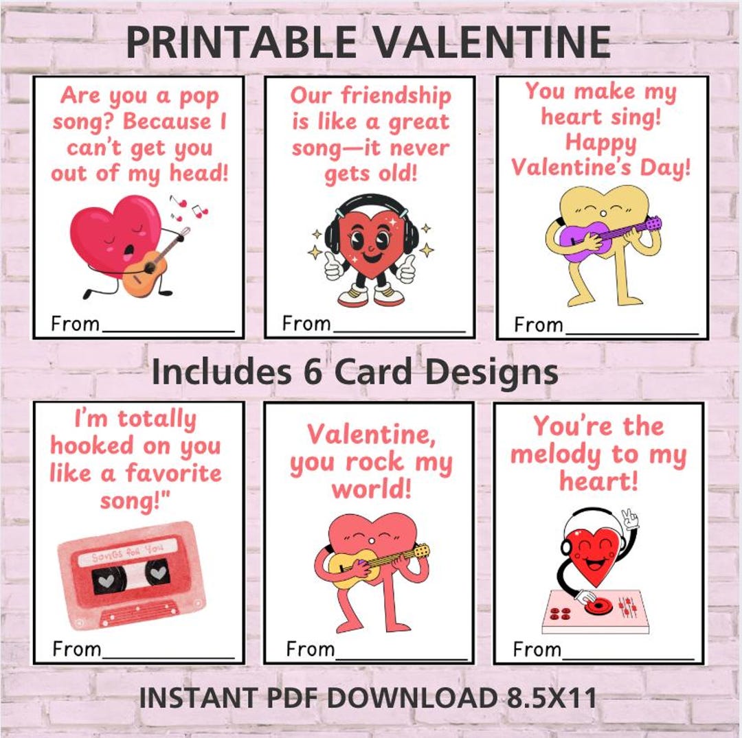 Fun Music Valentine's Day Cards, Printable Valentine, Kids Tween or ...