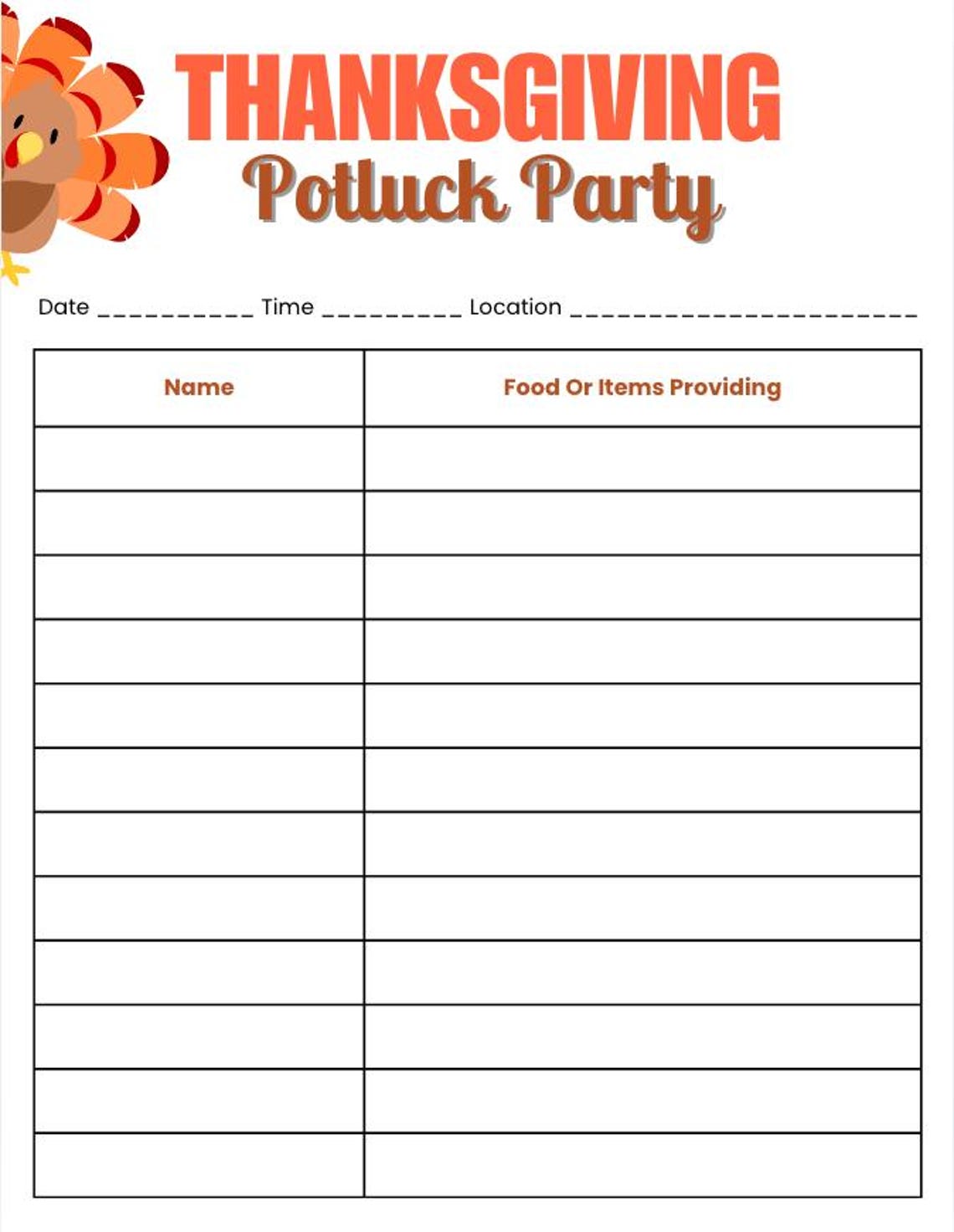 Thanksgiving Potluck Sign up Sheet: Party Food List Instant Download ...