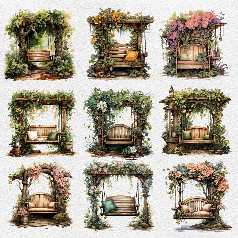 Cozy Wooden Garden Swing Clipart, Floral Overgrown Wooden Swing ...