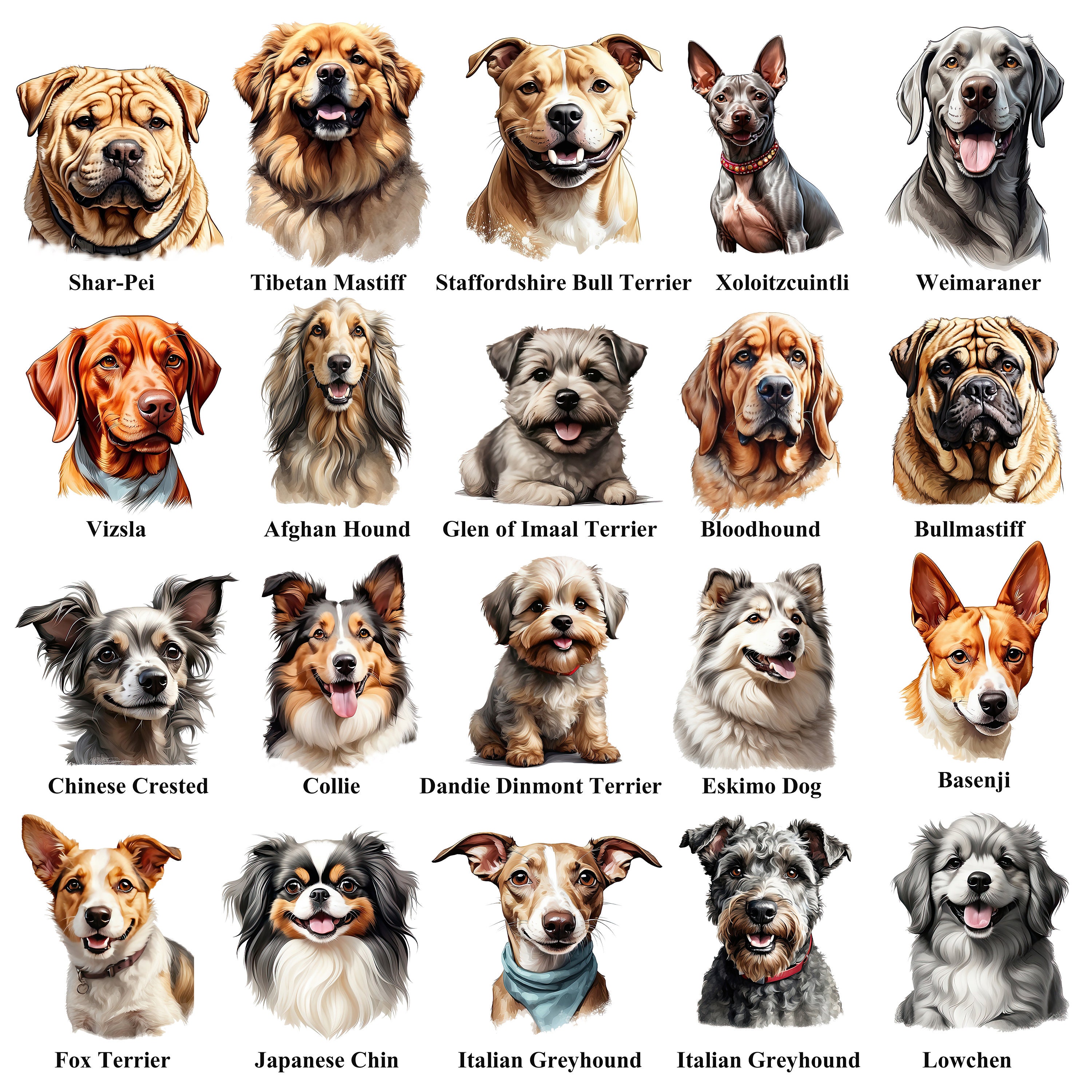 Dog Breeds Clipart Bundle – 100 Cute Dog Illustrations PNG, Puppy Breed ...