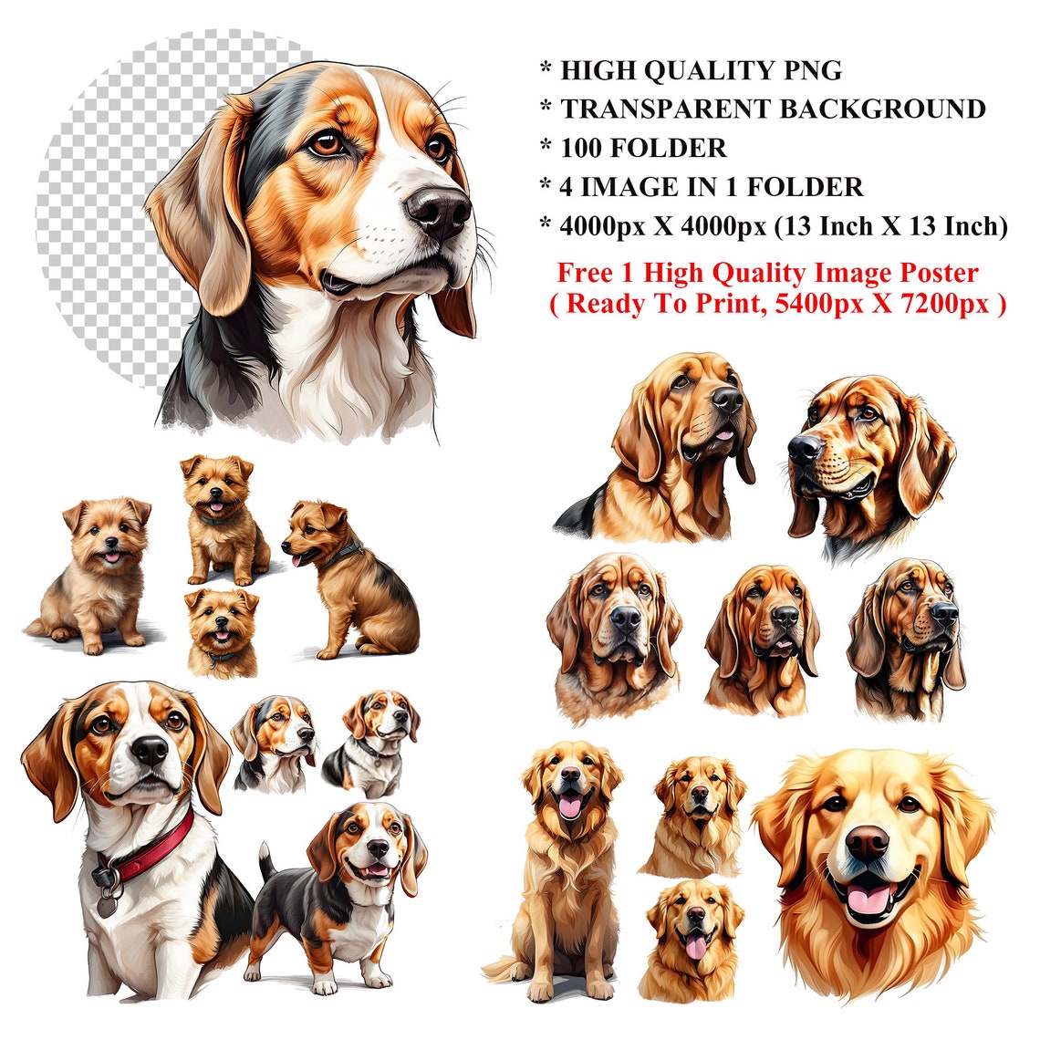 Dog Breeds Clipart Bundle – 100 Cute Dog Illustrations PNG, Puppy Breed ...
