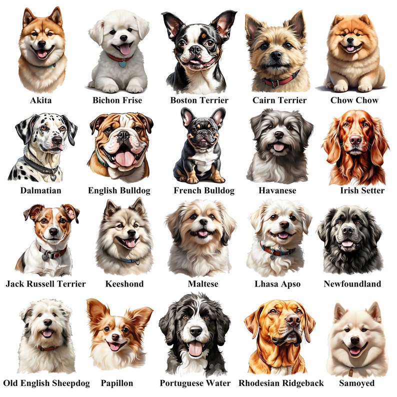 Dog Breeds Clipart Bundle – 100 Cute Dog Illustrations PNG, Puppy Breed ...