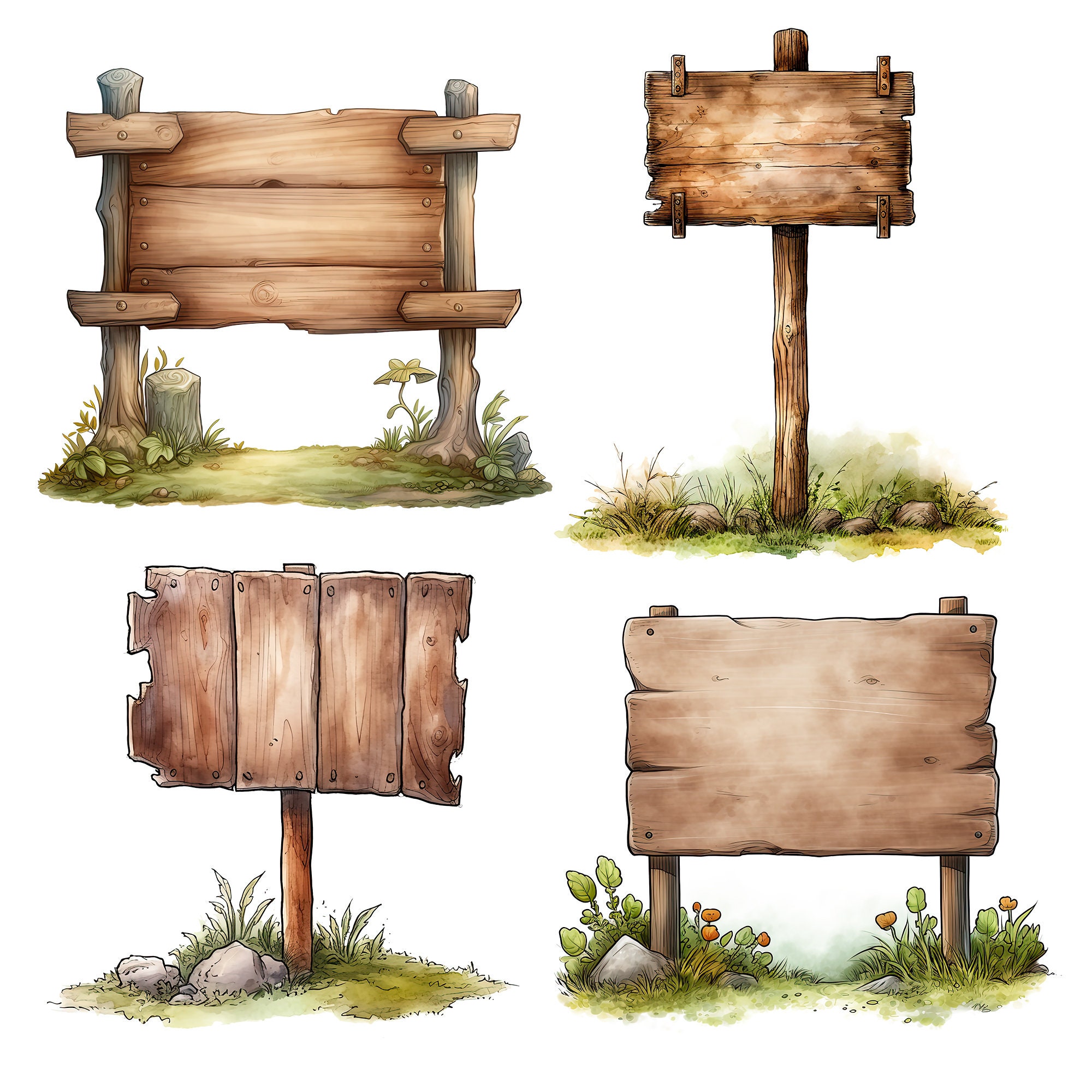 Watercolor Rustic Wood Sign Clipart: 26 PNG Designs (digital Download ...