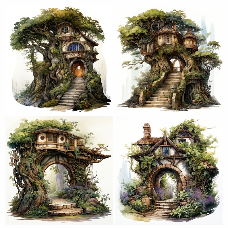 Tree House Watercolor, 20 Tree Cottage House, Cottage Forest Bundle ...