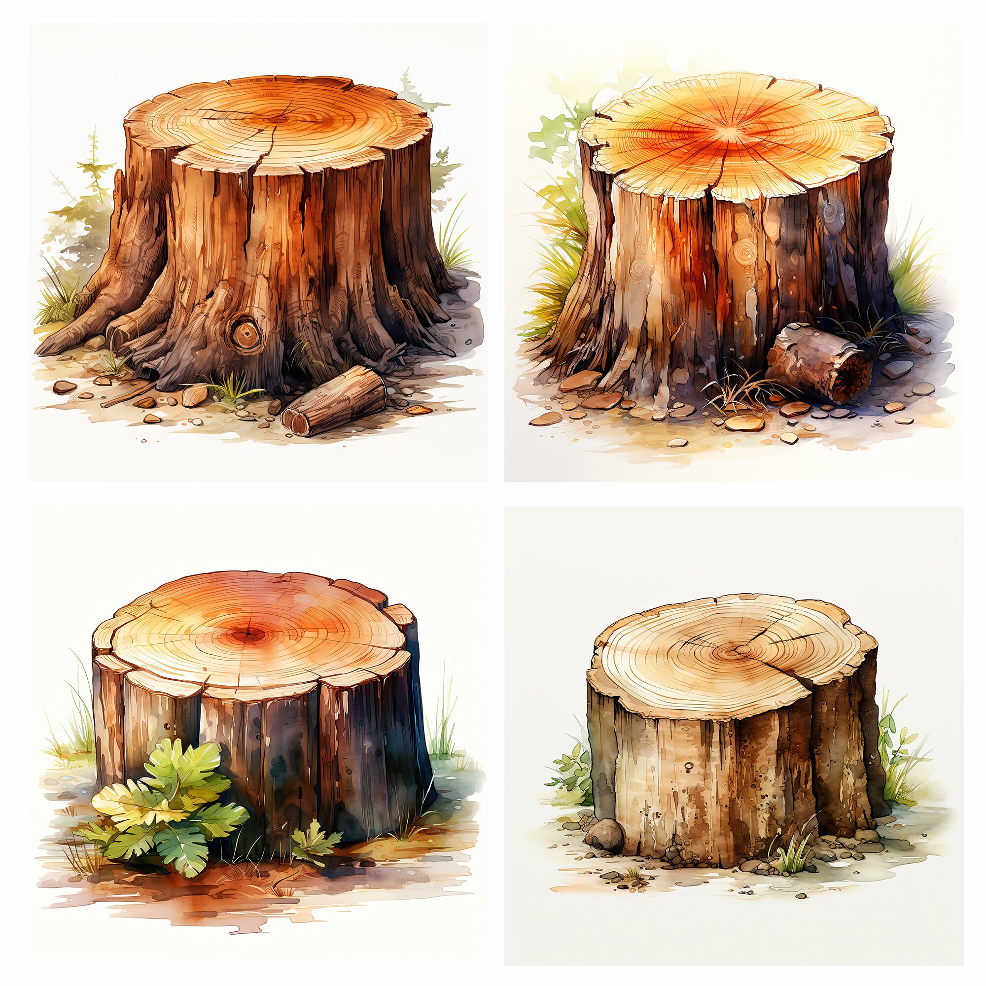 Tree Stump Watercolor, 20 Watercolor Tree Trunk, Tree Stump Bundle ...